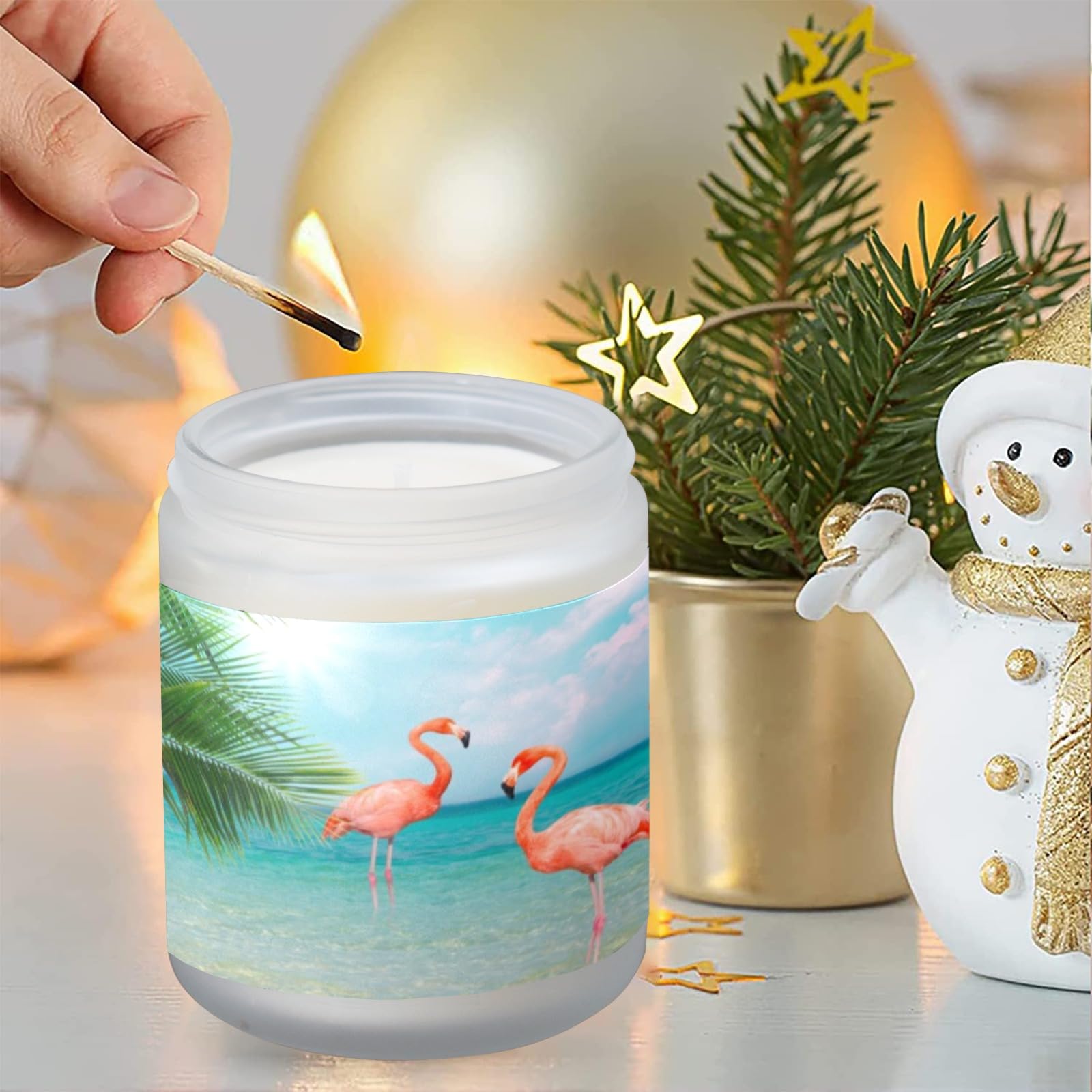 susiyo Frosted Glass Candle Cup Soy Wax Candles, Vanilla Scented Candle - Summer Flamingos Stand in Blue Sea