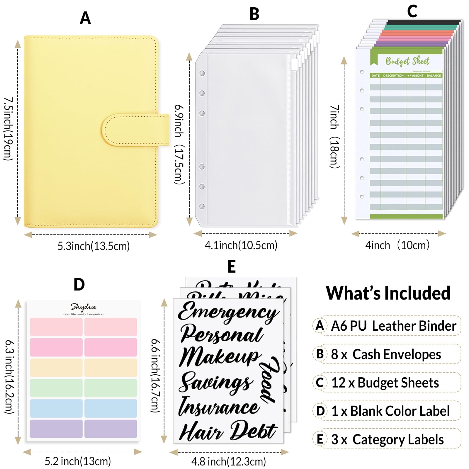 SKYDUE Budget Binder with 8pcs Zipper Envelopes, Money Organizer for Cash with 12pcs Expense Budget Sheets & 24 Blak Sticky Labels, Budget Book with Cash Envelopes, Yellow, A6 (1008HYJ-HZ_A6Yellow)