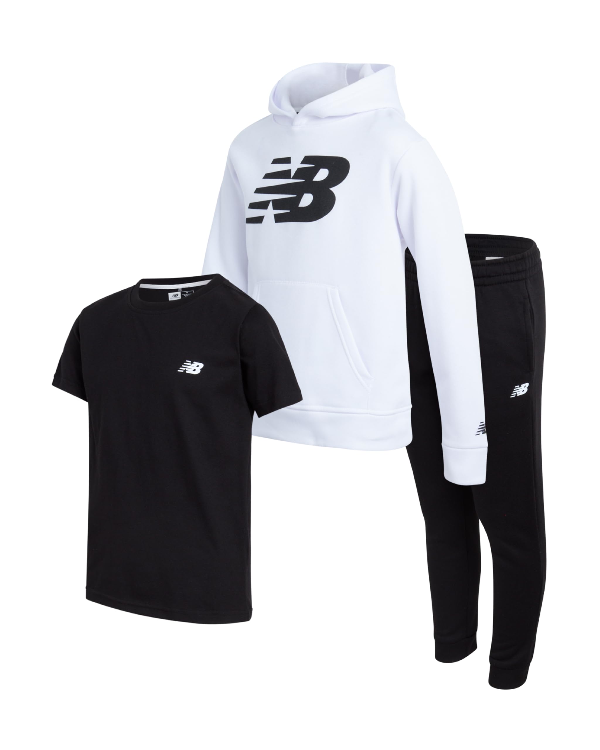 New Balance Boys' Sweatsuit Set - 3 Piece Short Sleeve T-Shirt, Fleece Hoodie Sweatshirt, and Sweatpants (8-12), Size 8, White Black