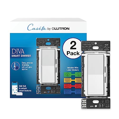 Lutron Diva Smart Dimmer Switch for Caseta Smart Lighting (Lutron Smart Hub Required), for LED Lights, 150 Watt, Single-Pole/3Way, No Neutral Required, DVRF-6LS-WH-2, White, 2 Pack