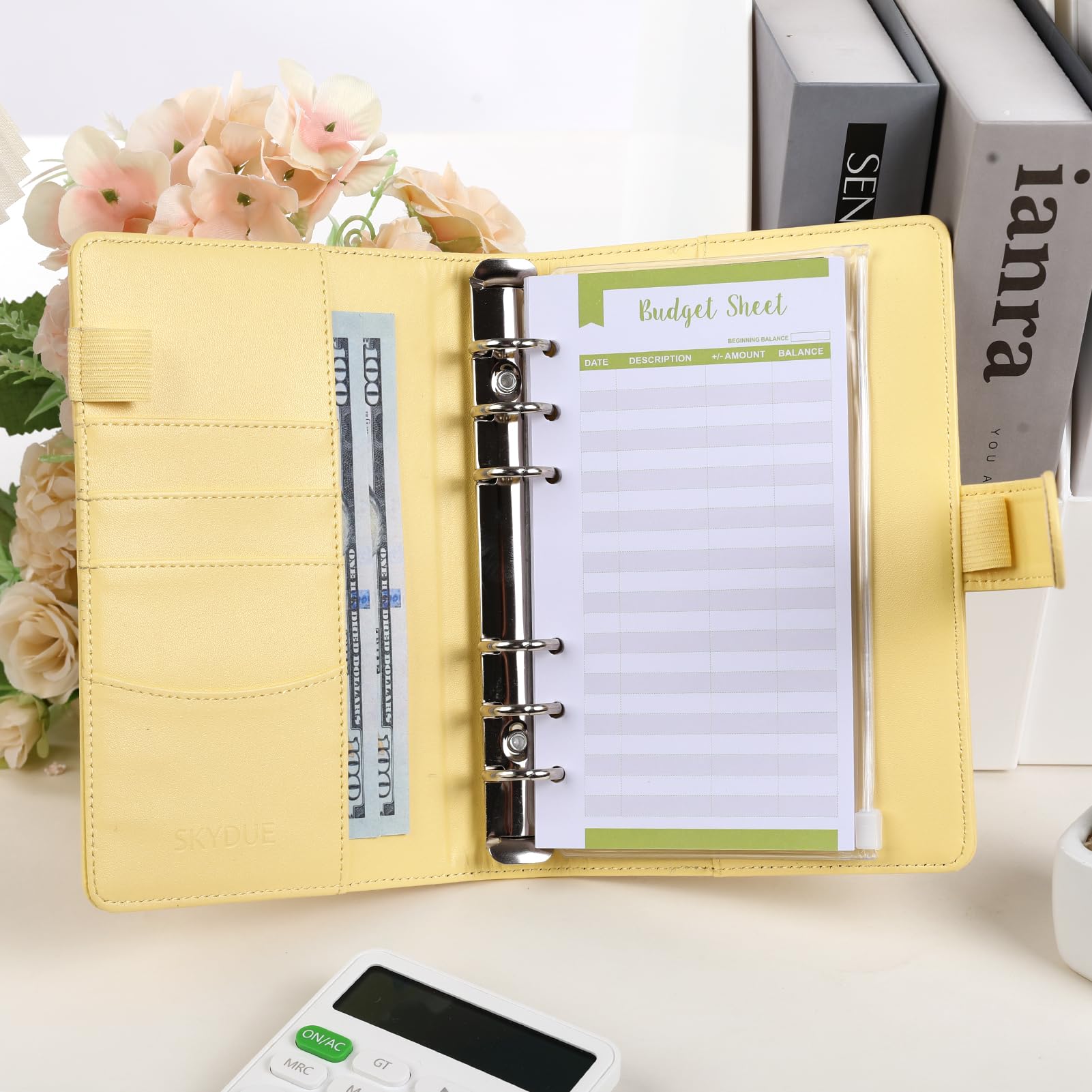 SKYDUE Budget Binder with 8pcs Zipper Envelopes, Money Organizer for Cash with 12pcs Expense Budget Sheets & 24 Blak Sticky Labels, Budget Book with Cash Envelopes, Yellow, A6 (1008HYJ-HZ_A6Yellow)