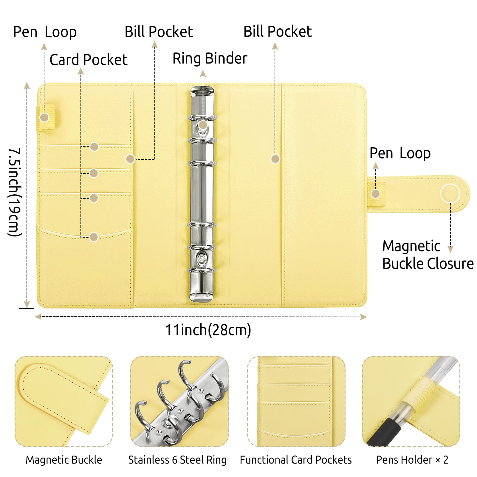 SKYDUE Budget Binder with 8pcs Zipper Envelopes, Money Organizer for Cash with 12pcs Expense Budget Sheets & 24 Blak Sticky Labels, Budget Book with Cash Envelopes, Yellow, A6 (1008HYJ-HZ_A6Yellow)