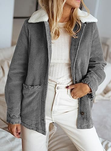 Dokotoo Womens Casual Jackets Winter Warm Thick Sherpa Lined Corduroy Jacket Teddy Bear Button Down Fleece Fluffy Lapel Collar Ruffle Long Sleeve Cute Fall Coat Outwear with Pockets Gray XL