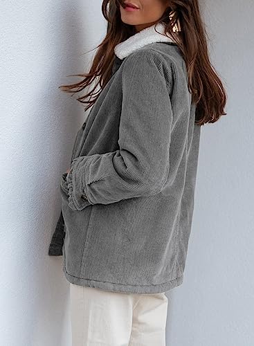 Dokotoo Womens Casual Jackets Winter Warm Thick Sherpa Lined Corduroy Jacket Teddy Bear Button Down Fleece Fluffy Lapel Collar Ruffle Long Sleeve Cute Fall Coat Outwear with Pockets Gray XL