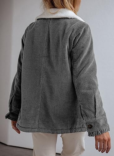 Dokotoo Womens Casual Jackets Winter Warm Thick Sherpa Lined Corduroy Jacket Teddy Bear Button Down Fleece Fluffy Lapel Collar Ruffle Long Sleeve Cute Fall Coat Outwear with Pockets Gray XL