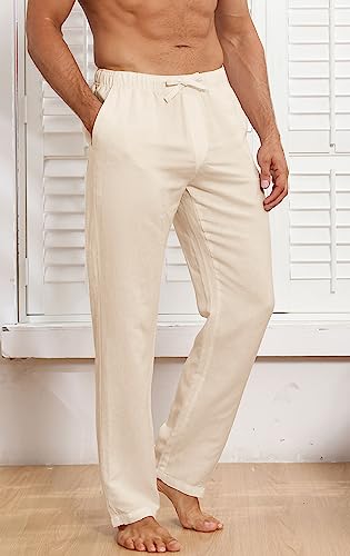 Soojun Mens Linen Pull on Pants with Elastic Waist Casual Yoga Pants, Khaki, Medium/32 Inseam