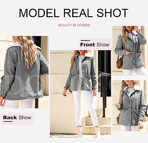Dokotoo Womens Casual Jackets Winter Warm Thick Sherpa Lined Corduroy Jacket Teddy Bear Button Down Fleece Fluffy Lapel Collar Ruffle Long Sleeve Cute Fall Coat Outwear with Pockets Gray XL
