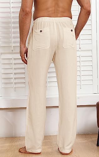 Soojun Mens Linen Pull on Pants with Elastic Waist Casual Yoga Pants, Khaki, Medium/32 Inseam