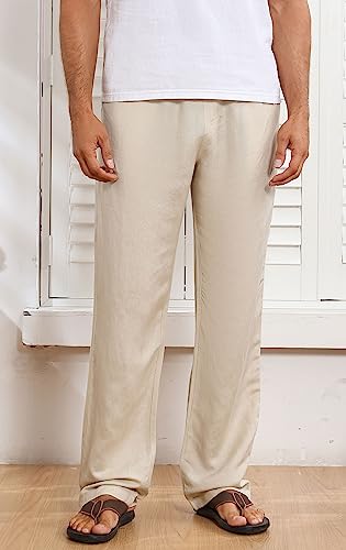 Soojun Mens Linen Pull on Pants with Elastic Waist Casual Yoga Pants, Khaki, Medium/32 Inseam