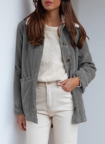 Dokotoo Womens Casual Jackets Winter Warm Thick Sherpa Lined Corduroy Jacket Teddy Bear Button Down Fleece Fluffy Lapel Collar Ruffle Long Sleeve Cute Fall Coat Outwear with Pockets Gray XL