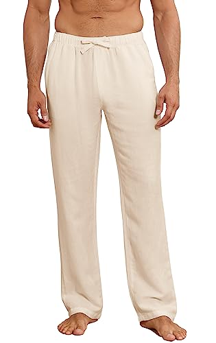 Soojun Mens Linen Pull on Pants with Elastic Waist Casual Yoga Pants, Khaki, Medium/32 Inseam