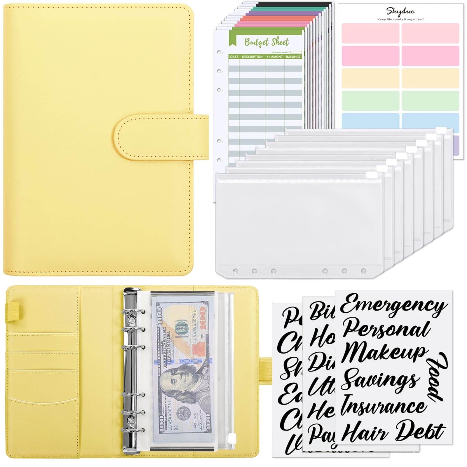 SKYDUE Budget Binder with 8pcs Zipper Envelopes, Money Organizer for Cash with 12pcs Expense Budget Sheets & 24 Blak Sticky Labels, Budget Book with Cash Envelopes, Yellow, A6 (1008HYJ-HZ_A6Yellow)