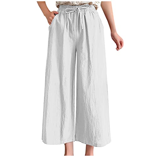 CPXUTFP Women's Cotton Linen Wide Leg Pants Casual Elastic Waistband Loose Fit Palazzo Pants Lounge Flowy Cozy Slacks Trouser White
