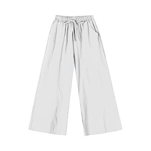 CPXUTFP Women's Cotton Linen Wide Leg Pants Casual Elastic Waistband Loose Fit Palazzo Pants Lounge Flowy Cozy Slacks Trouser White