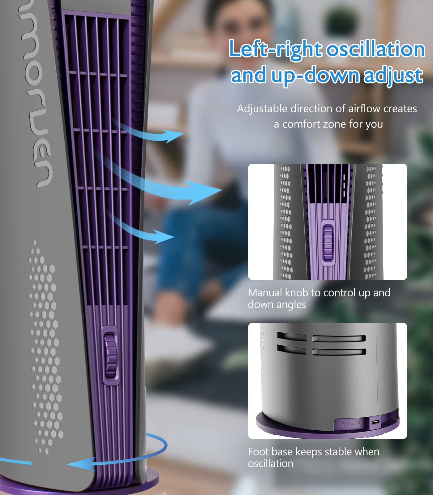 CONBOLA Portable Tower Fan, Bladeless Desk 16 Inch 10000mAh Battery Operated Rechargeable Fan Oscillating Standing Fan with 3 Speeds Timer LED Light, Small Personal Quiet Table Fans for Bedroom, Gray