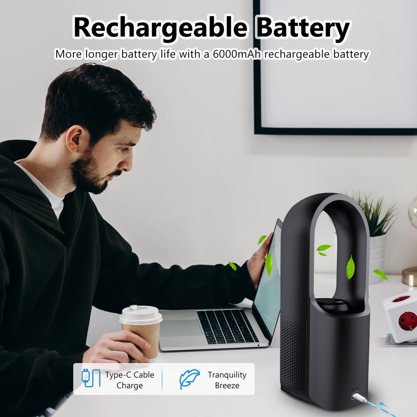 CONBOLA Portable Tower Fan, Bladeless Desk 16 Inch 10000mAh Battery Operated Rechargeable Fan Oscillating Standing Fan with 3 Speeds Timer LED Light, Small Personal Quiet Table Fans for Bedroom, Gray