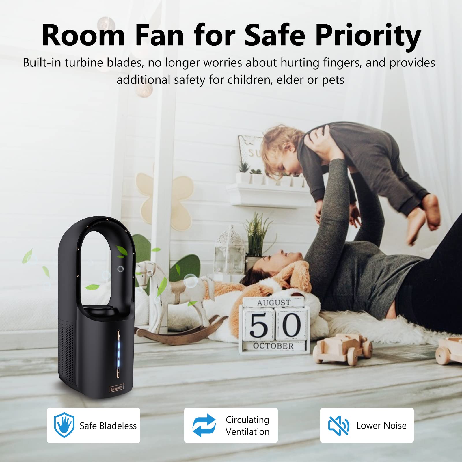 CONBOLA Portable Tower Fan, Bladeless Desk 16 Inch 10000mAh Battery Operated Rechargeable Fan Oscillating Standing Fan with 3 Speeds Timer LED Light, Small Personal Quiet Table Fans for Bedroom, Gray