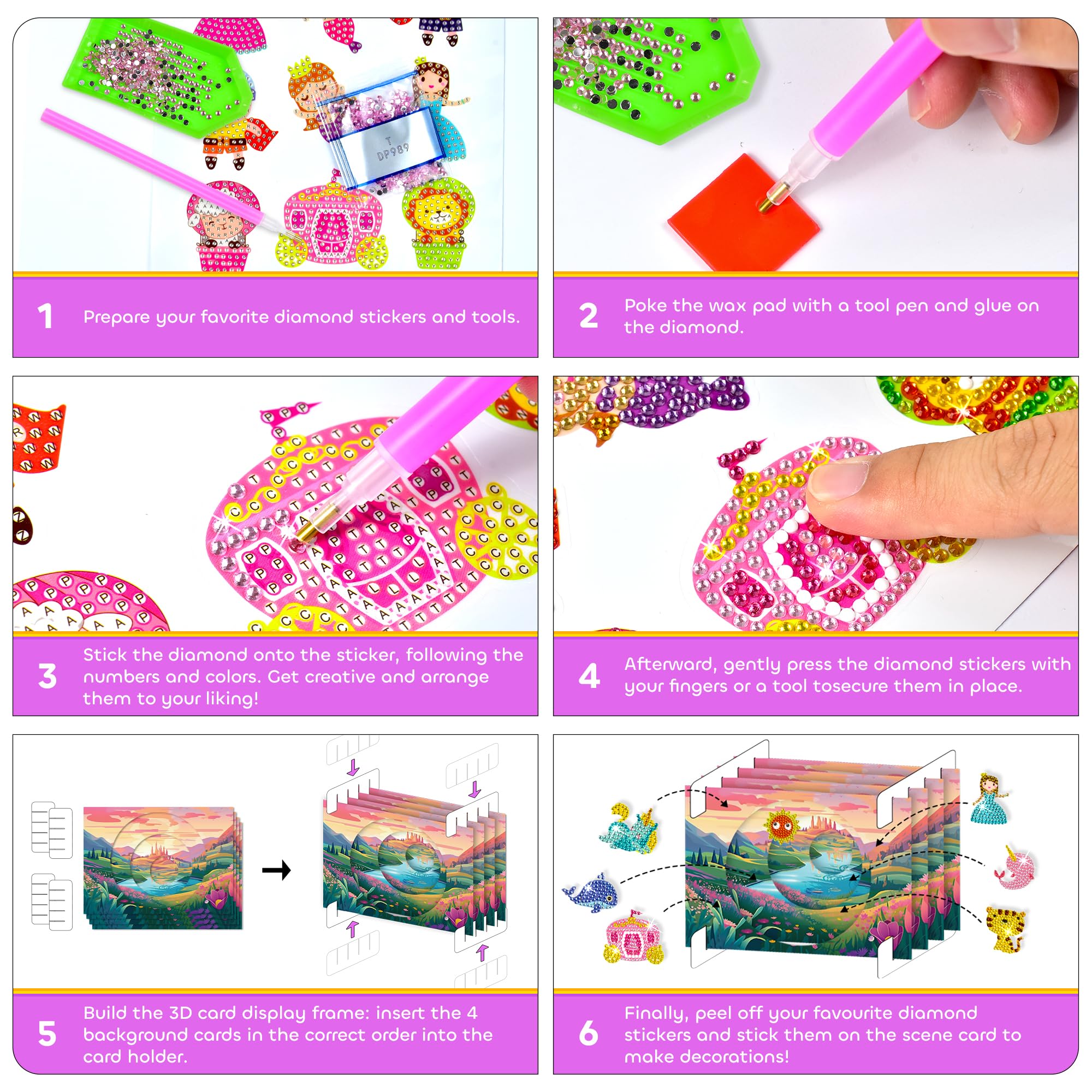 Diamond Art Painting Stickers Kits, 56 PCS 5D DIY Diamond Art Stickers for Beginners, Cute Animals, Princesses, Unicorns Gem Stickers Crafts for Kids, Gift for Girls (with 3D Background Display Card)