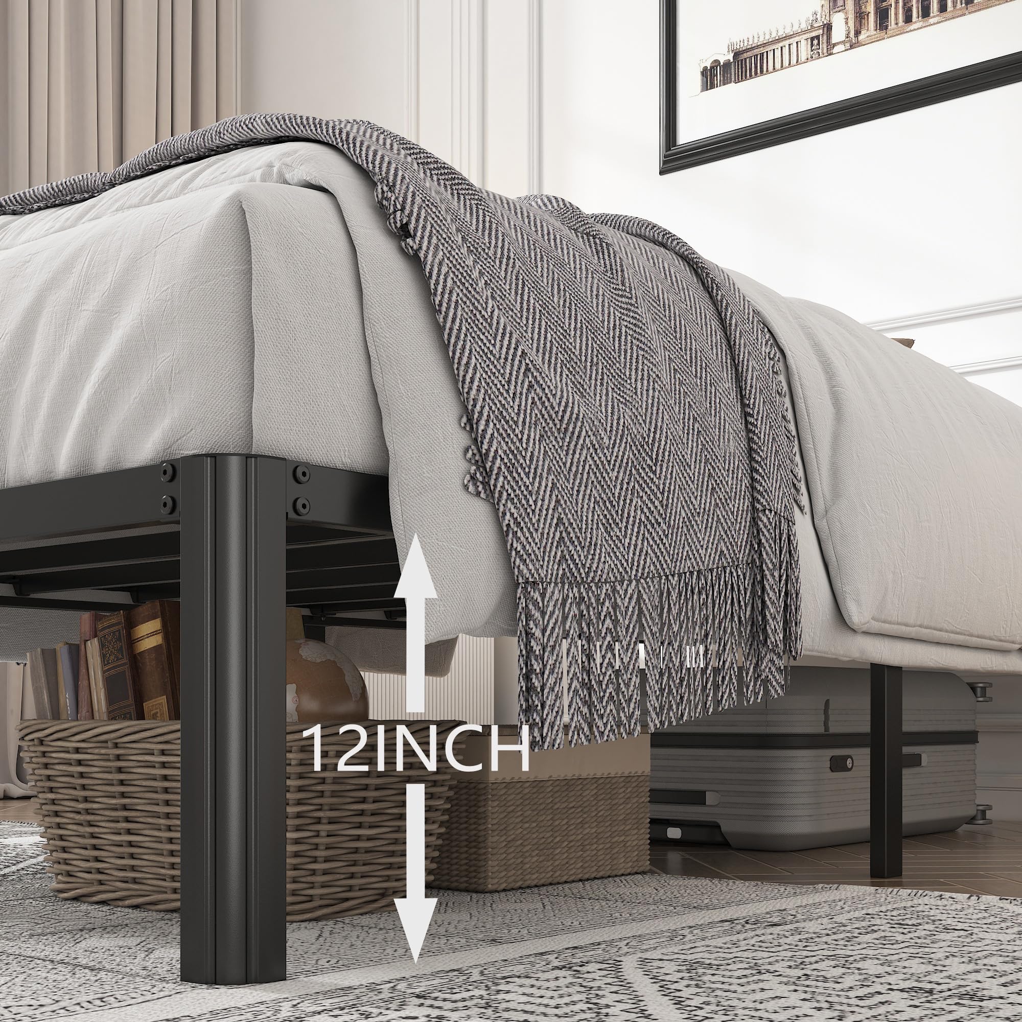Riwanca 14 Inch Full Size Bed Frame No Box Spring Needed, Heavy Duty Black Metal Platform Mattress Foundation with Rounded Corners, Non-Slip Noise Free Easy Assembly