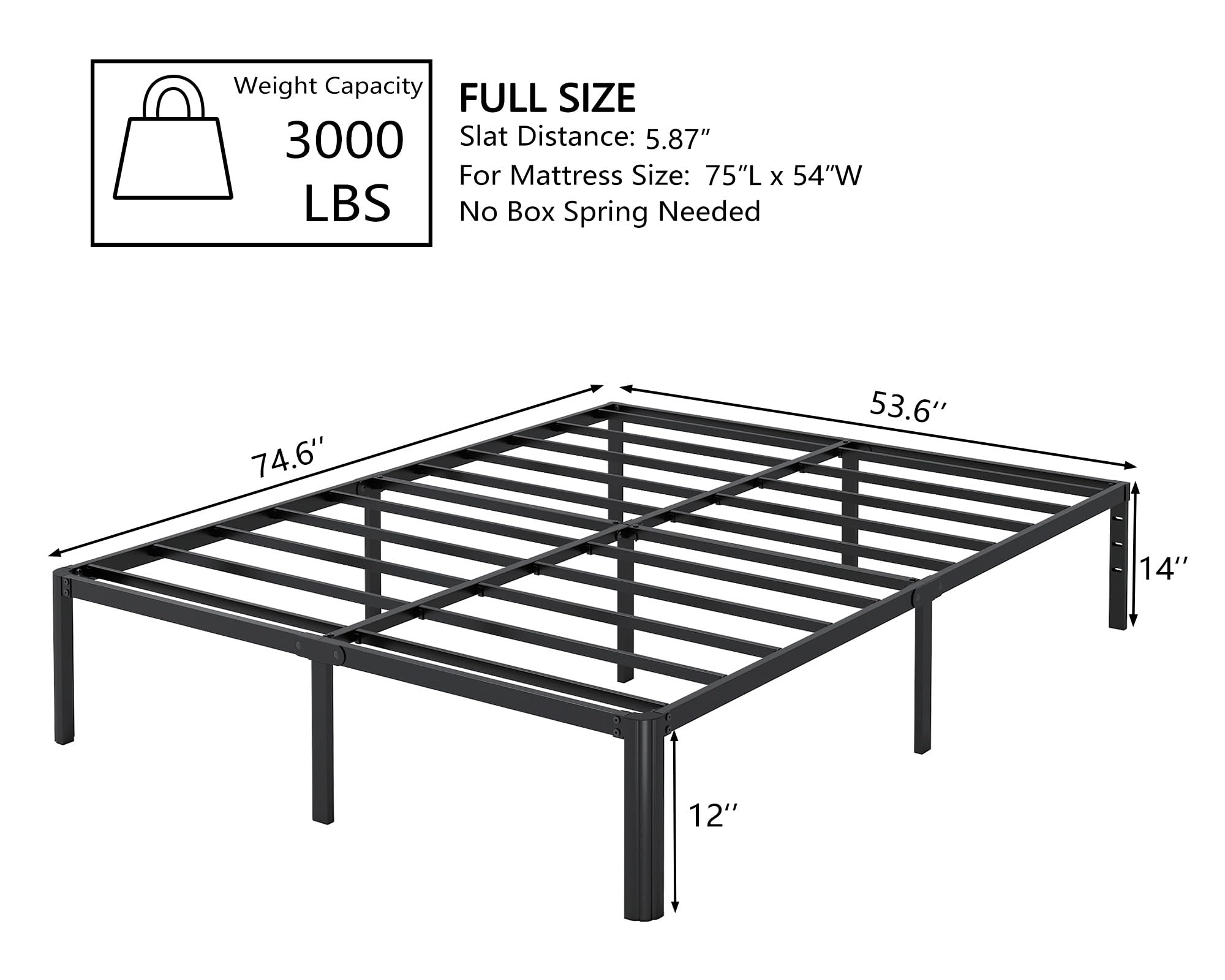 Riwanca 14 Inch Full Size Bed Frame No Box Spring Needed, Heavy Duty Black Metal Platform Mattress Foundation with Rounded Corners, Non-Slip Noise Free Easy Assembly