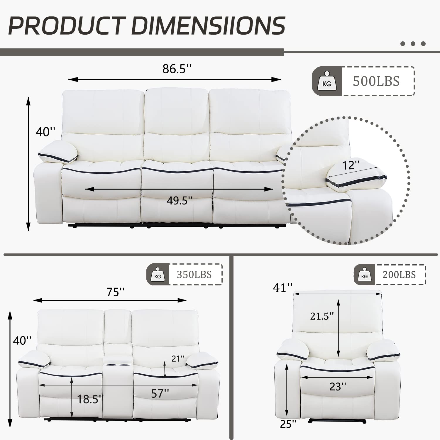 Ocstta Boned Leather Recliner Couch, Manula Reclining Couch Sofa with Storage Console & Cup Holder for Living Room/Office (Loveseat Recliner Couch,Creamy White)