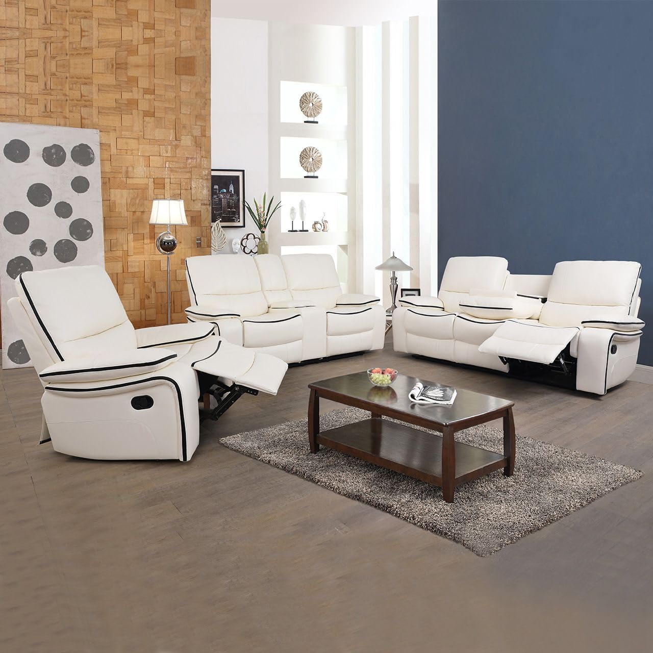 Ocstta Boned Leather Recliner Couch, Manula Reclining Couch Sofa with Storage Console & Cup Holder for Living Room/Office (Loveseat Recliner Couch,Creamy White)