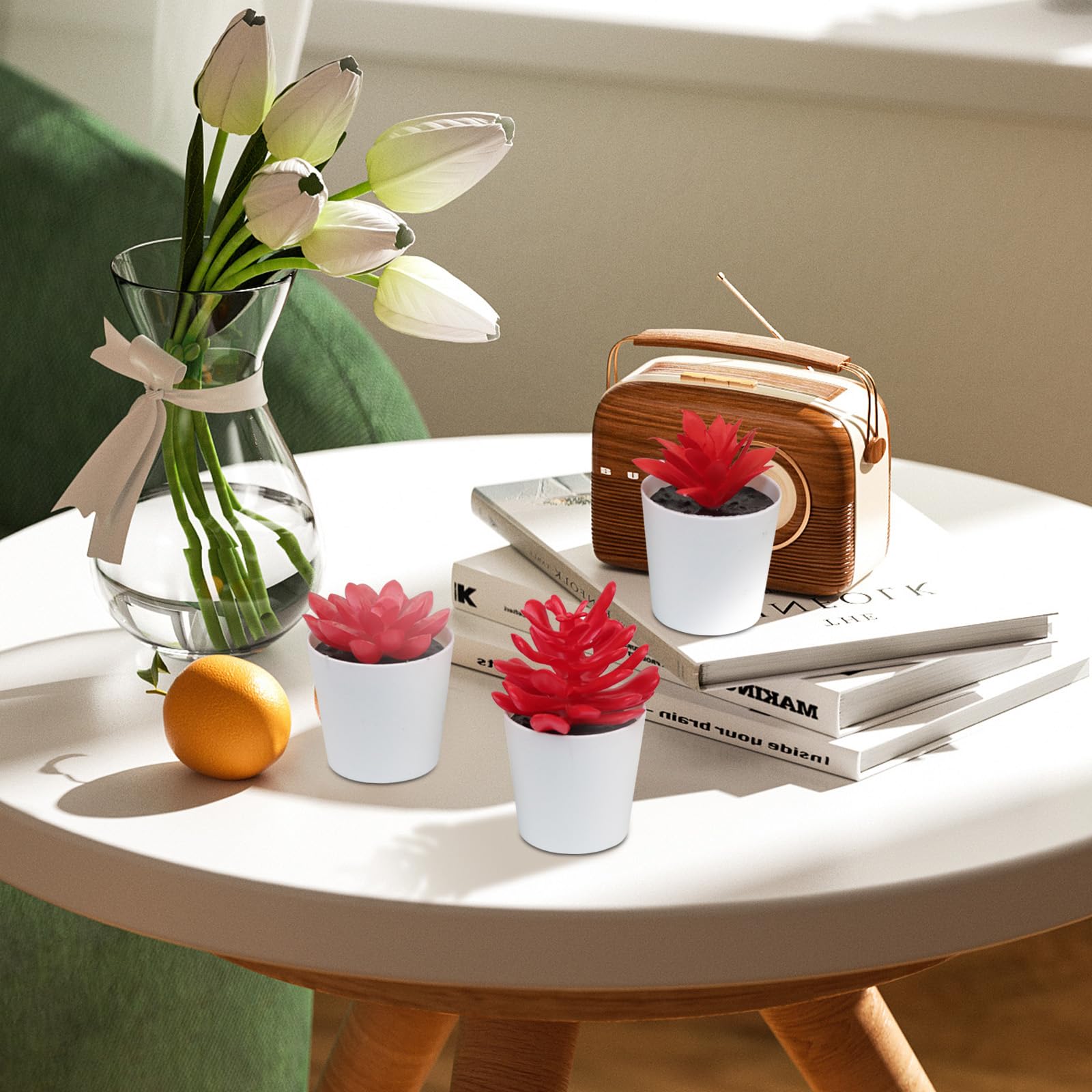 Uguisu Artificial Potted Plant, Simulated Gem Flower, Lotus Flower, Artificial Succulent Plant, Small Artificial Plant, Artificial Fake Plant, Office Home Wall Decoration (4/Red)