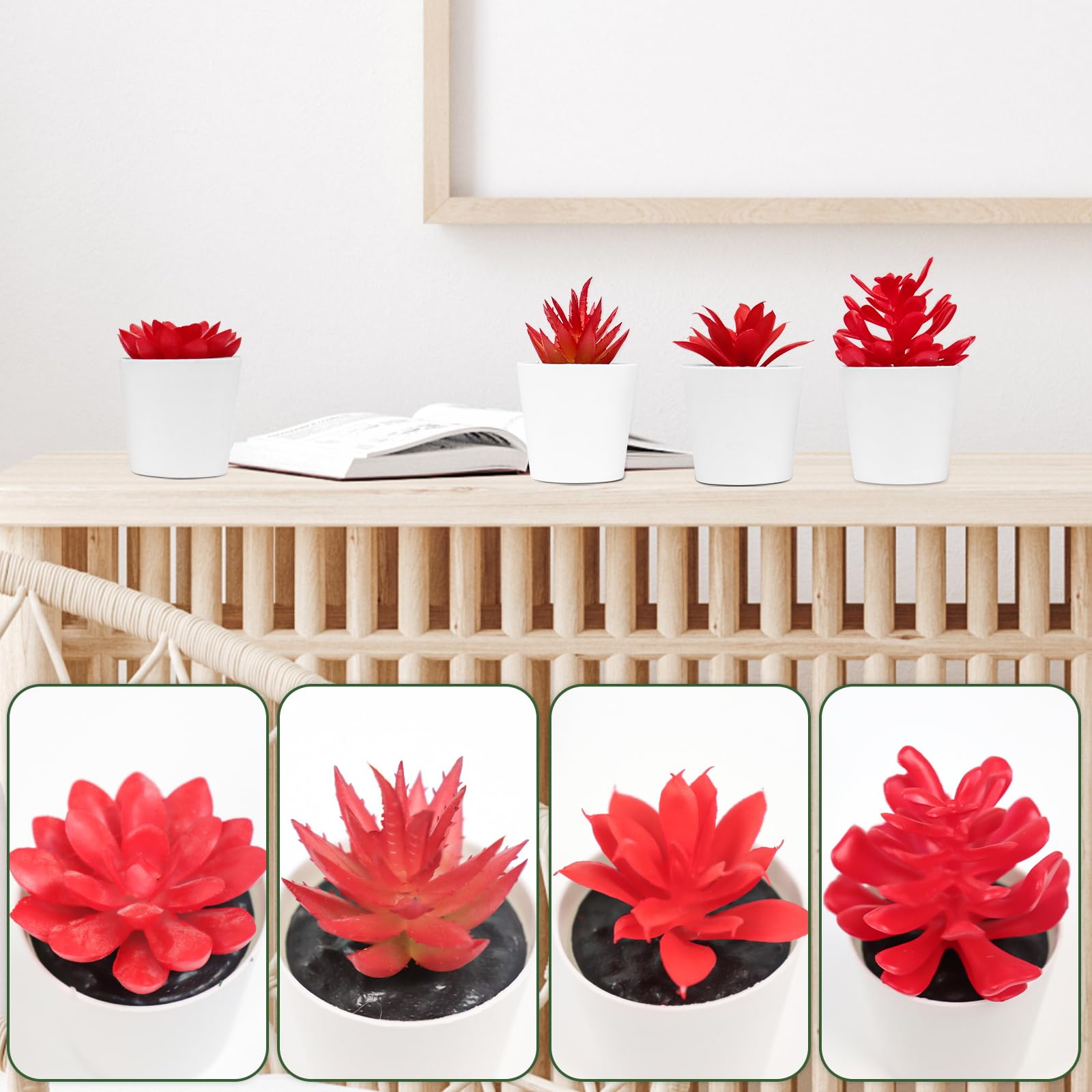 Uguisu Artificial Potted Plant, Simulated Gem Flower, Lotus Flower, Artificial Succulent Plant, Small Artificial Plant, Artificial Fake Plant, Office Home Wall Decoration (4/Red)