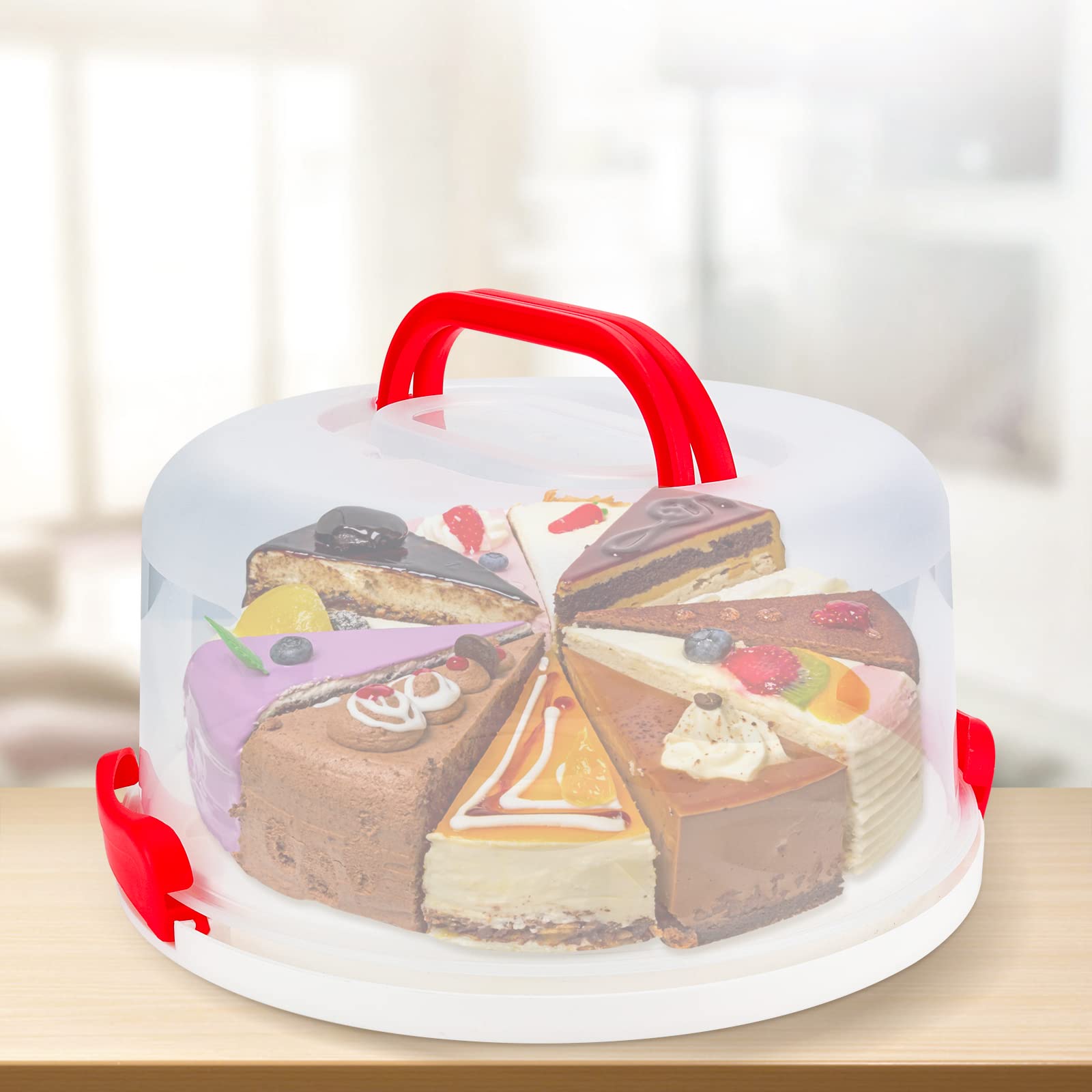 MUKLEI 10 Inch Round Cake Carrier with Handle, Cake Holder with Lid, Two Sided Base Cake Containers Portable Cake Carrier for Cake, Cupcakes, Muffins, Desserts