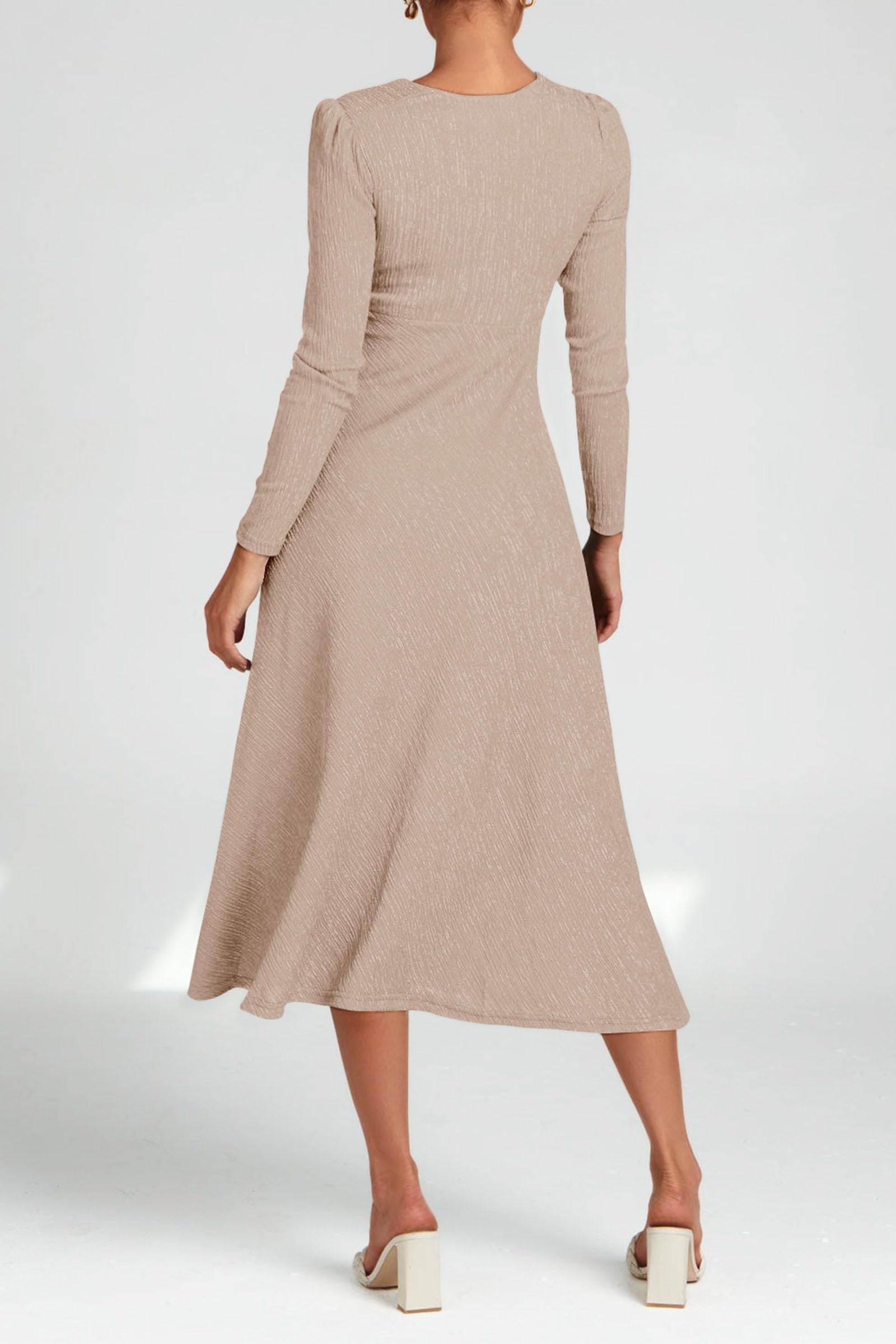 PRETTYGARDEN Women's 2024 Fall Midi Dress Casual Long Sleeve V Neck Cocktail Party A Line Flowy Dresses (Beige,X-Large)