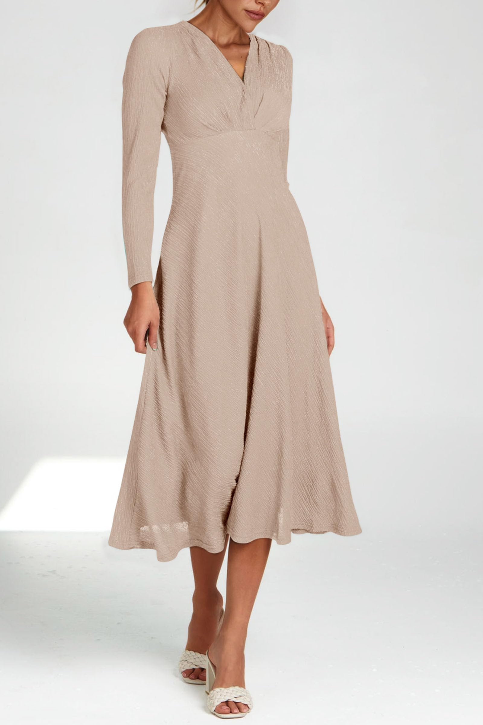 PRETTYGARDEN Women's 2024 Fall Midi Dress Casual Long Sleeve V Neck Cocktail Party A Line Flowy Dresses (Beige,X-Large)