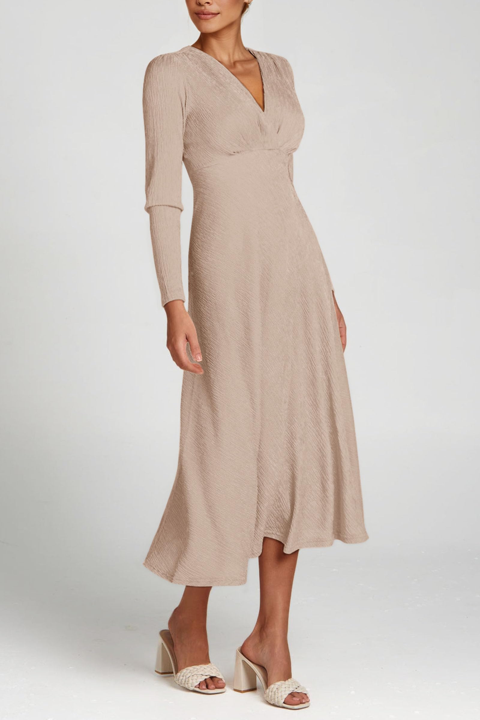 PRETTYGARDEN Women's 2024 Fall Midi Dress Casual Long Sleeve V Neck Cocktail Party A Line Flowy Dresses (Beige,X-Large)