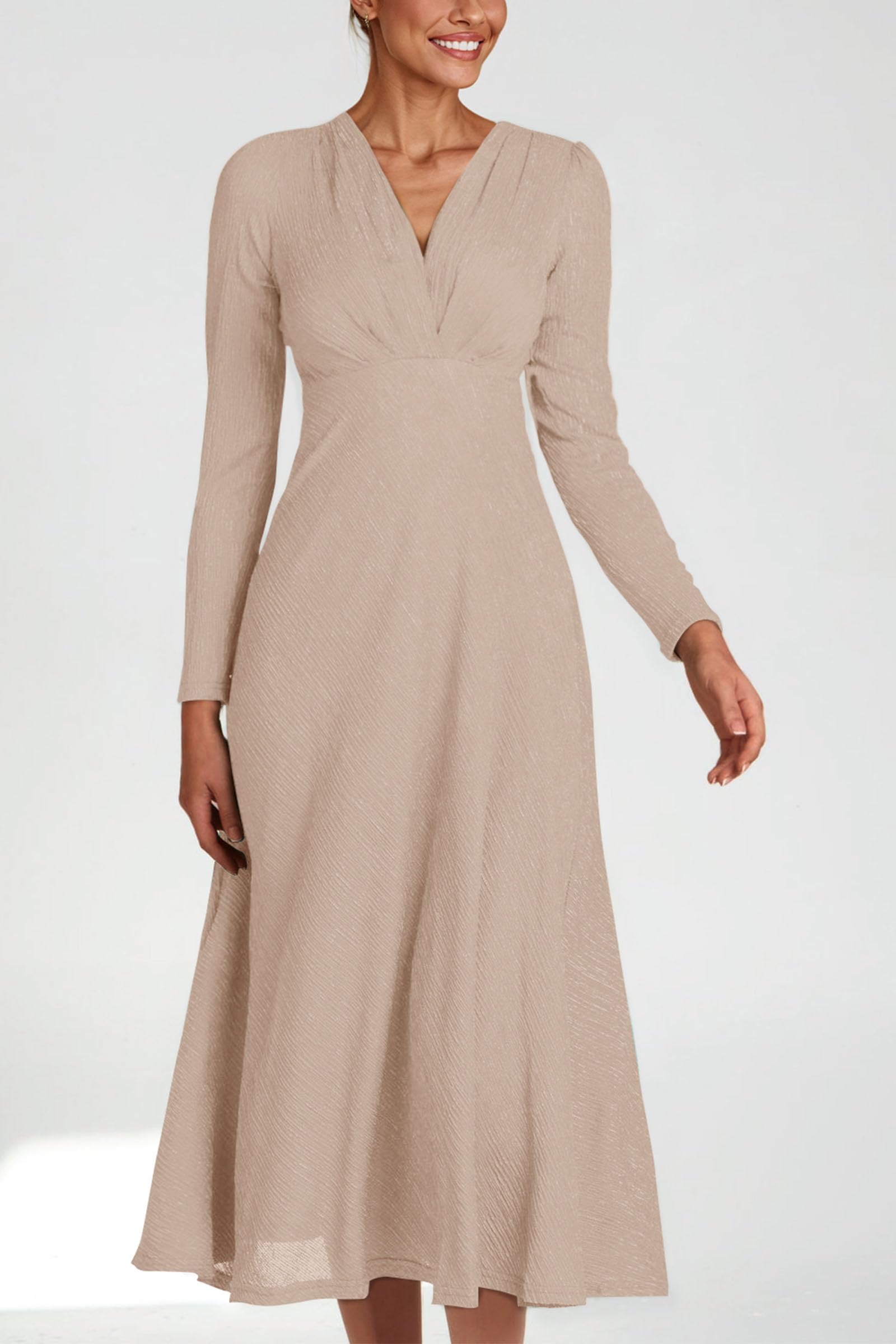 PRETTYGARDEN Women's 2024 Fall Midi Dress Casual Long Sleeve V Neck Cocktail Party A Line Flowy Dresses (Beige,X-Large)