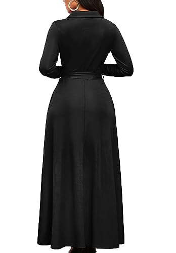 Women Maxi Button Down Long Sleeve Print Dress Casual with Pockets and Belt Maternity Dress