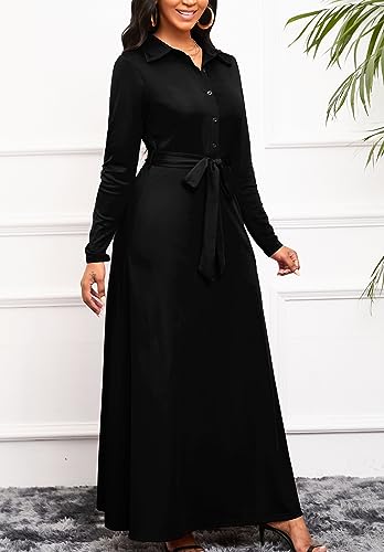 Women Maxi Button Down Long Sleeve Print Dress Casual with Pockets and Belt Maternity Dress