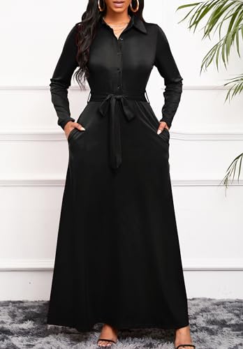 Women Maxi Button Down Long Sleeve Print Dress Casual with Pockets and Belt Maternity Dress