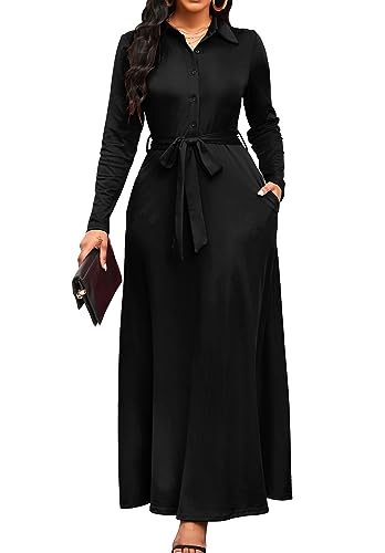 Women Maxi Button Down Long Sleeve Print Dress Casual with Pockets and Belt Maternity Dress