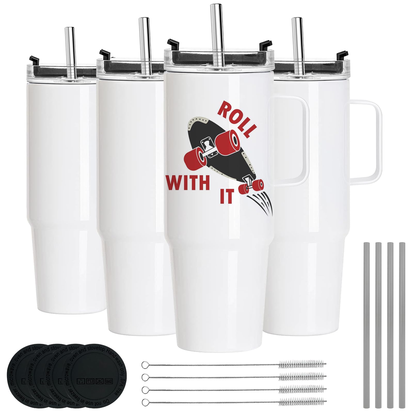 XccMe 30 oz Sublimation Tumbler Blank with Handle,4 Pack Stainless Steel Travel Tumbler with Leakproof Lid and Stainless Straw,Double Wall Insulated Coffee Mugs with Rubber bottoms