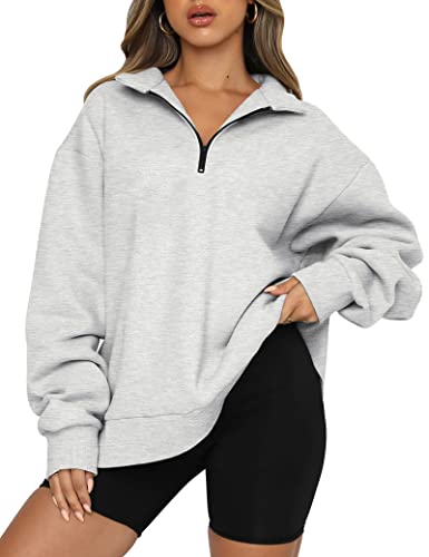 AUTOMET Womens Half Zip Oversized Sweatshirts Quarter Pullover Hoodies Long Sleeve Sweaters Fall Outfits Winter Clothes Grey S