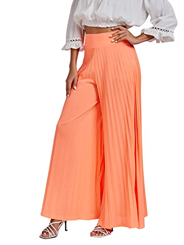 LYANER Women's Elastic High Waisted Wide Leg Palazzo Pants Loose and Casual Pleated Trousers Orange X-Large