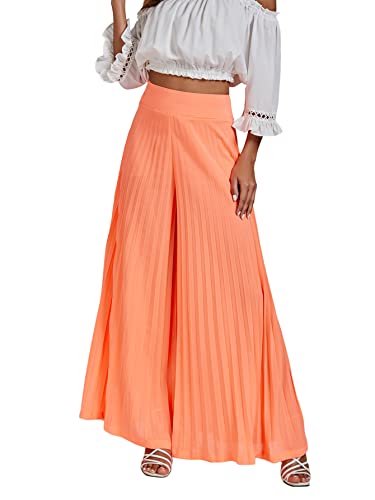LYANER Women's Elastic High Waisted Wide Leg Palazzo Pants Loose and Casual Pleated Trousers Orange X-Large