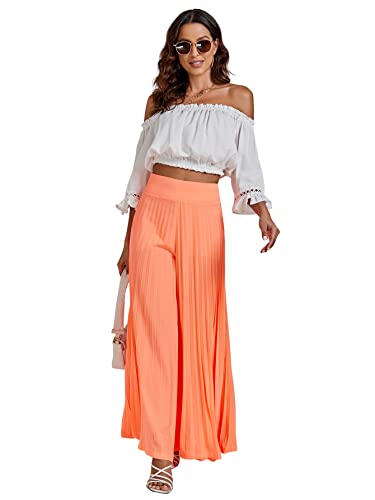 LYANER Women's Elastic High Waisted Wide Leg Palazzo Pants Loose and Casual Pleated Trousers Orange X-Large