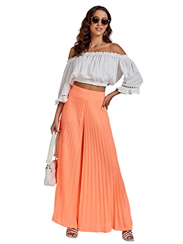 LYANER Women's Elastic High Waisted Wide Leg Palazzo Pants Loose and Casual Pleated Trousers Orange X-Large