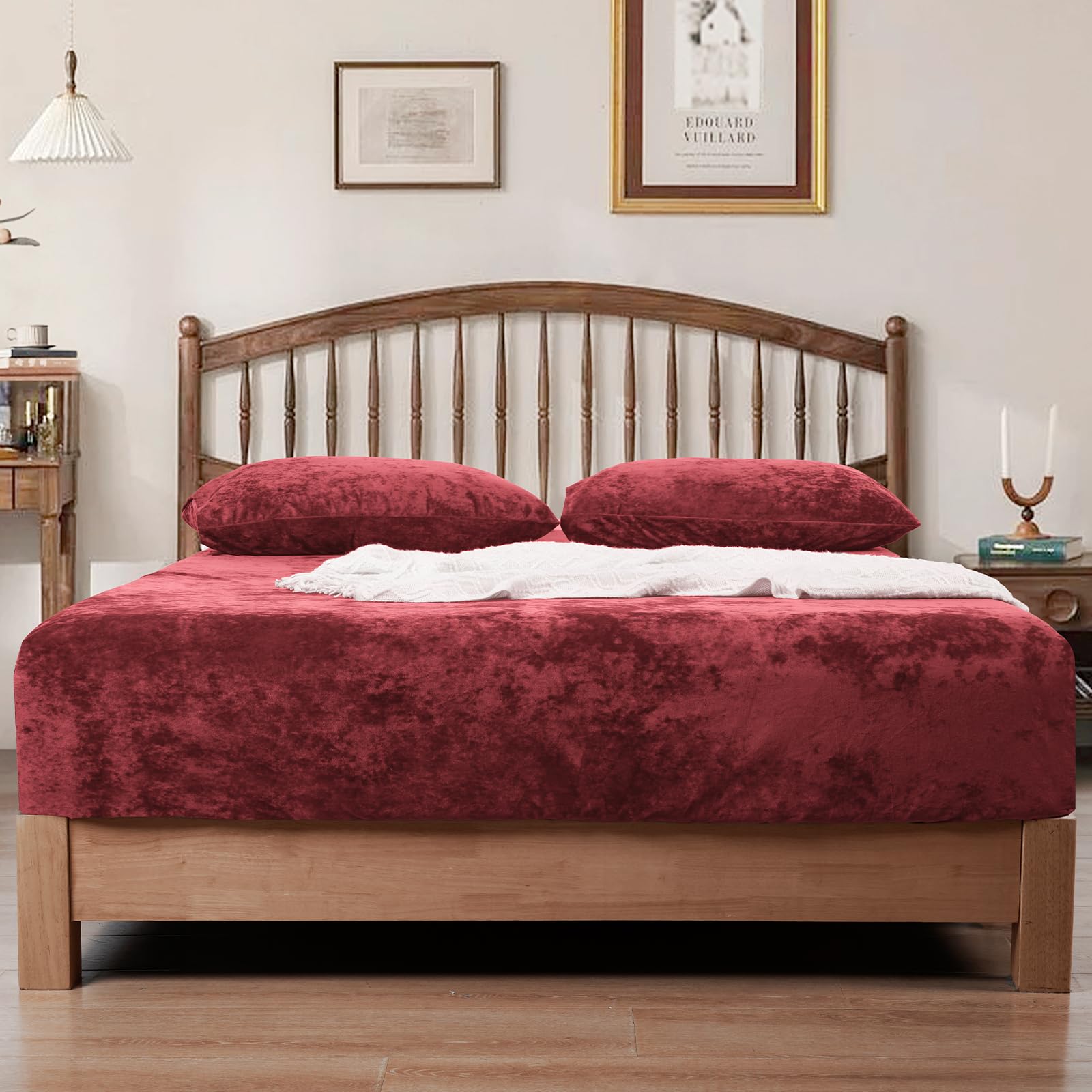 PHF Truly Velvet Fitted Sheet Only Twin Size, Christmas Luxury Super Soft Cozy Comfy Fleece Bottom with 15" Deep Pocket, Suitable for Fall Winter and Spring, No Pillowcases, Wine Red