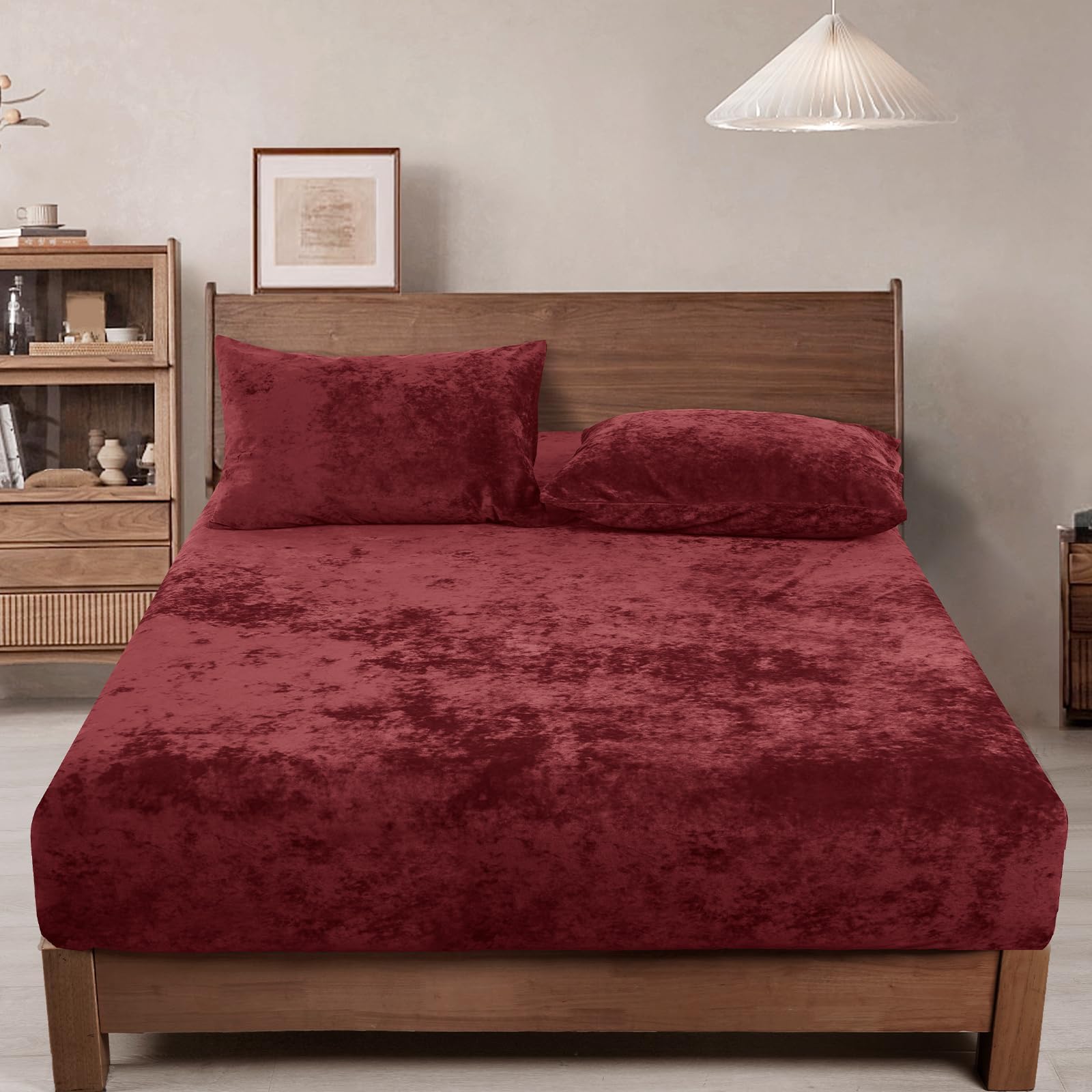 PHF Truly Velvet Fitted Sheet Only Twin Size, Christmas Luxury Super Soft Cozy Comfy Fleece Bottom with 15" Deep Pocket, Suitable for Fall Winter and Spring, No Pillowcases, Wine Red