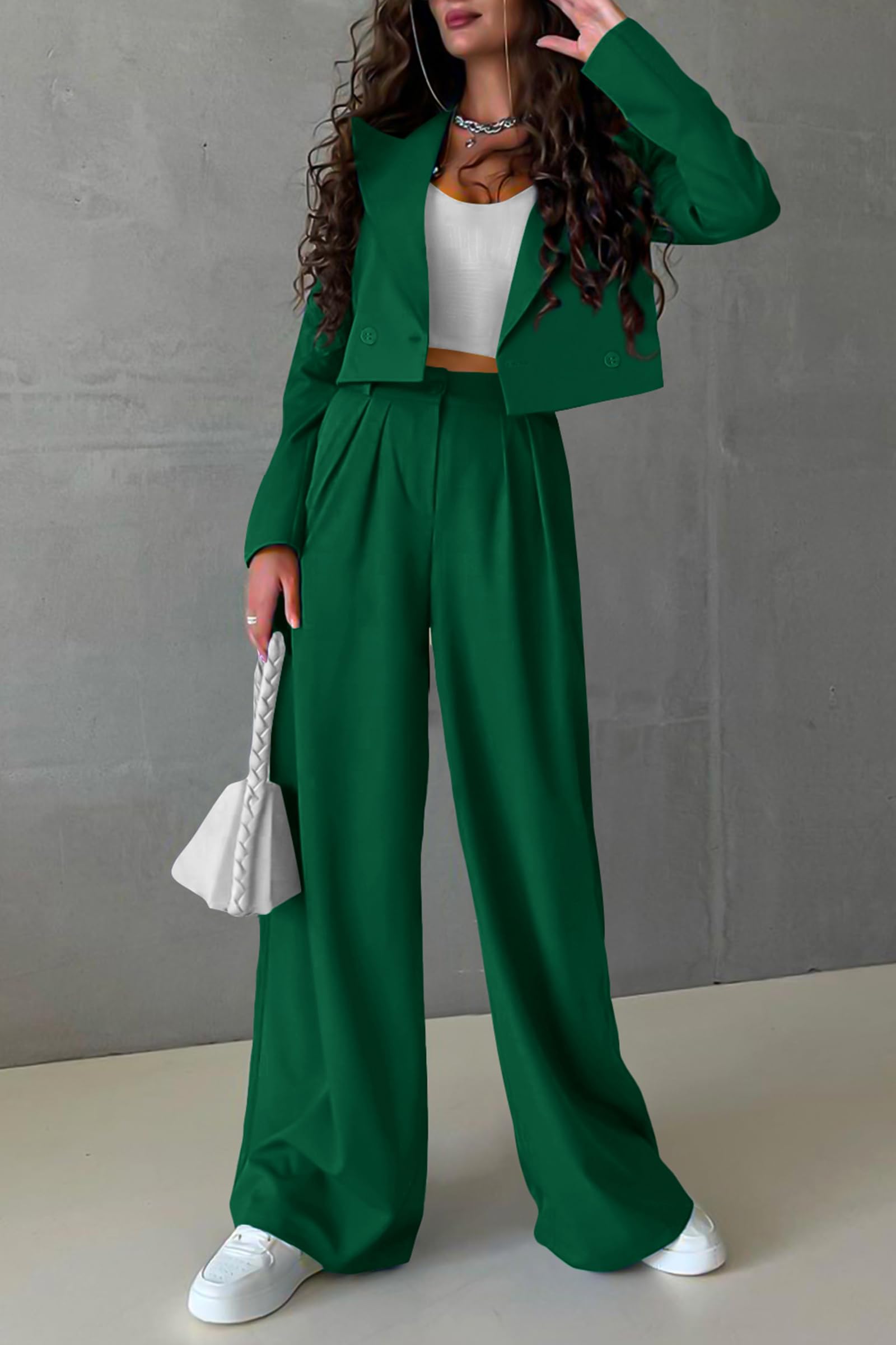 PRETTYGARDEN Women's 2 Piece Casual Outfits Cropped Blazer Jackets High Waisted Wide Leg Work Pants Suit Set (Green,Medium)
