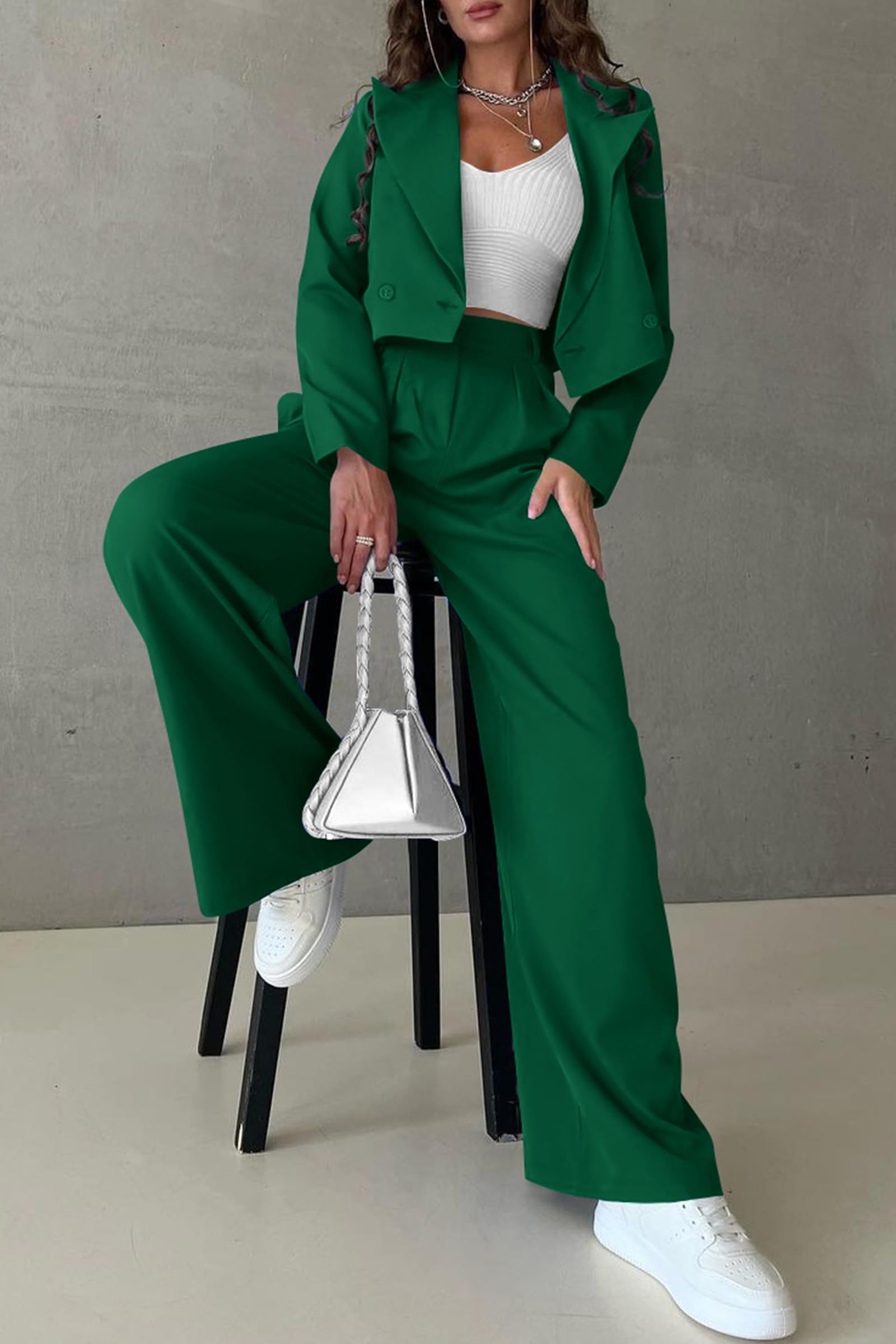 PRETTYGARDEN Women's 2 Piece Casual Outfits Cropped Blazer Jackets High Waisted Wide Leg Work Pants Suit Set (Green,Medium)