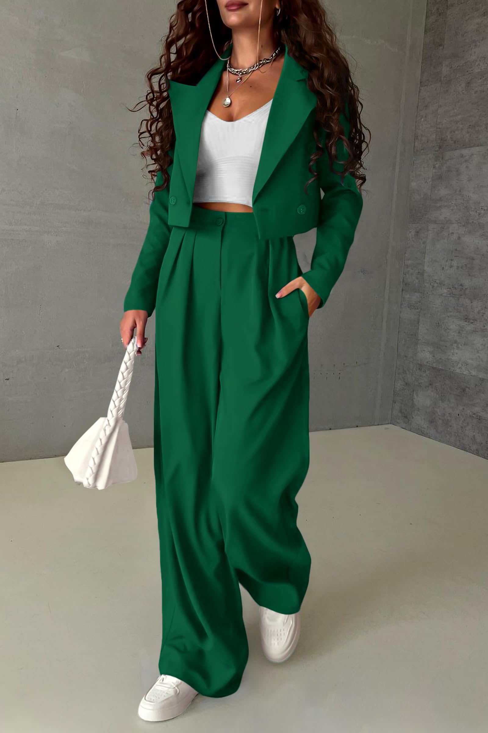 PRETTYGARDEN Women's 2 Piece Casual Outfits Cropped Blazer Jackets High Waisted Wide Leg Work Pants Suit Set (Green,Medium)