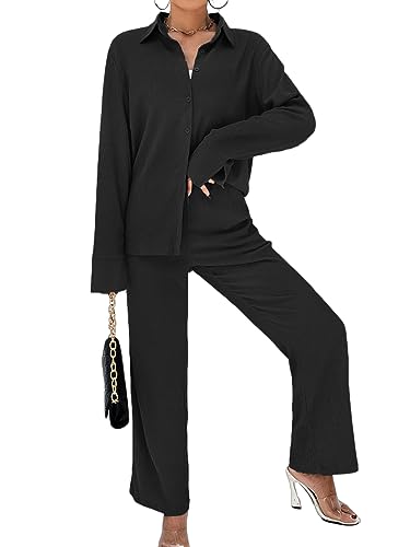 Ekouaer Womens Lounge Sets Button Down Shirt and Pants Loungewear Pajamas 2 Piece Outfits with Pockets Black M