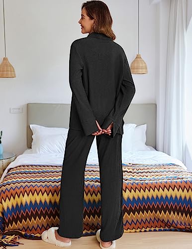 Ekouaer Womens Lounge Sets Button Down Shirt and Pants Loungewear Pajamas 2 Piece Outfits with Pockets Black M